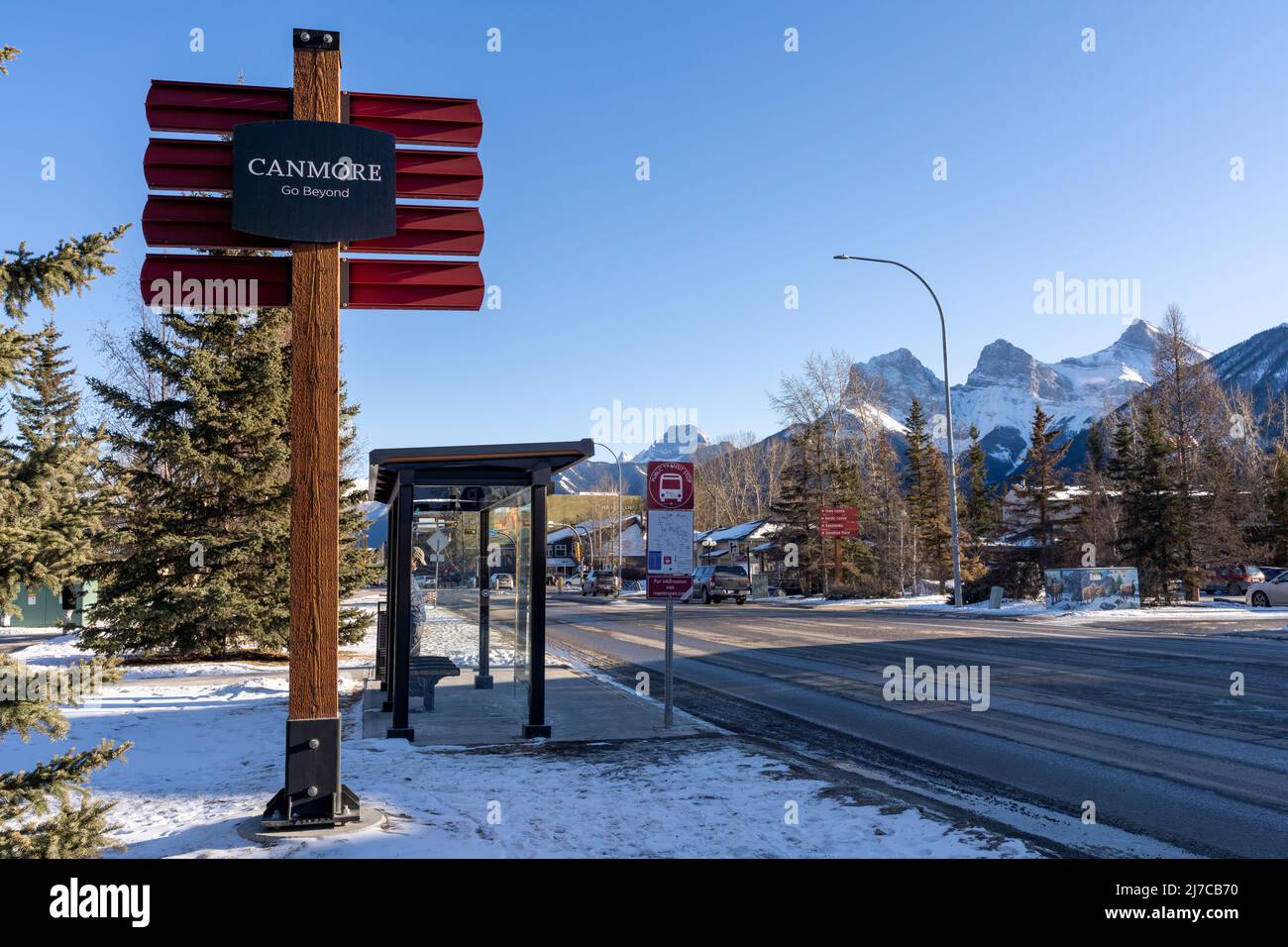 Canmore, Alberta, Canada - Feb 25 2022 : Town of Canmore bus stop in ...