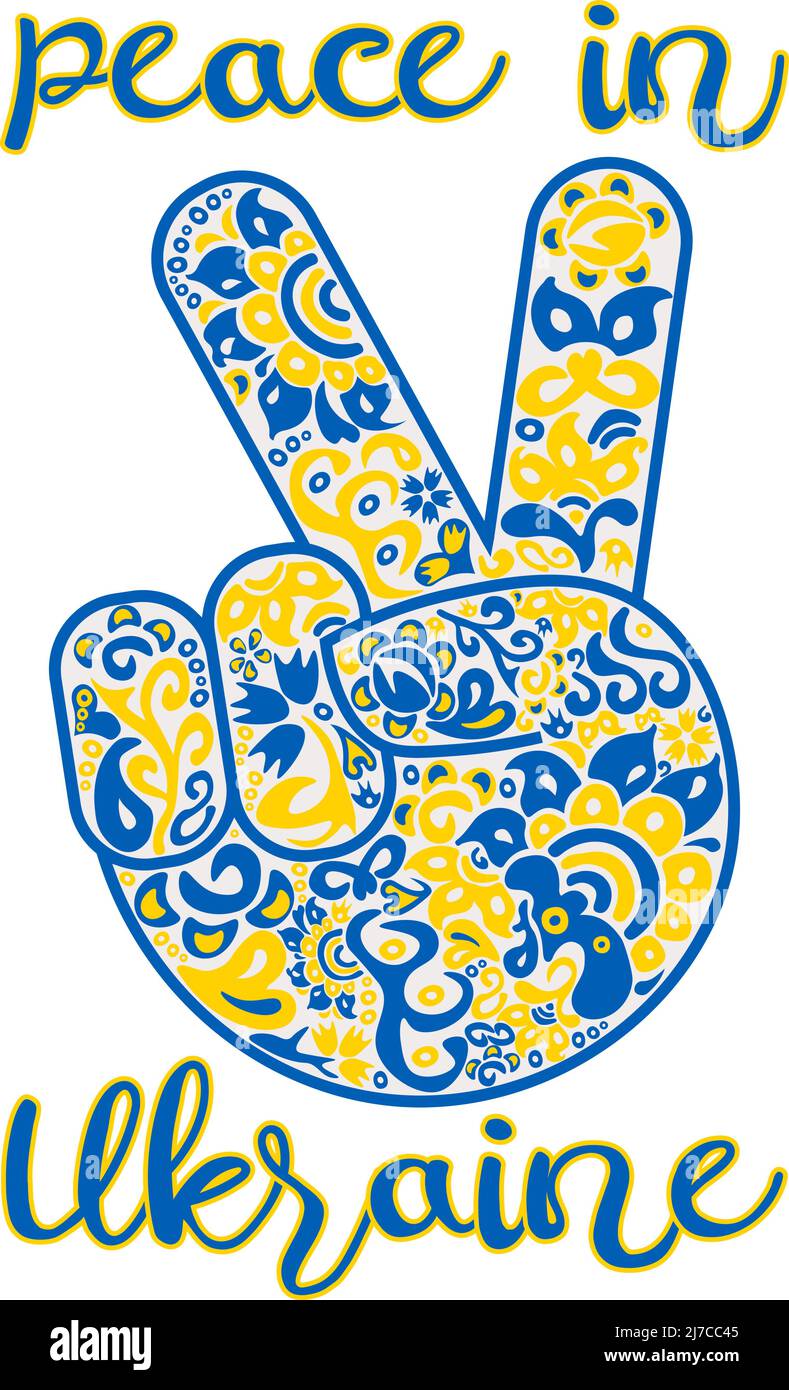 Folkloric pattern with victory gesture and lettering Peace in Ukraine ...