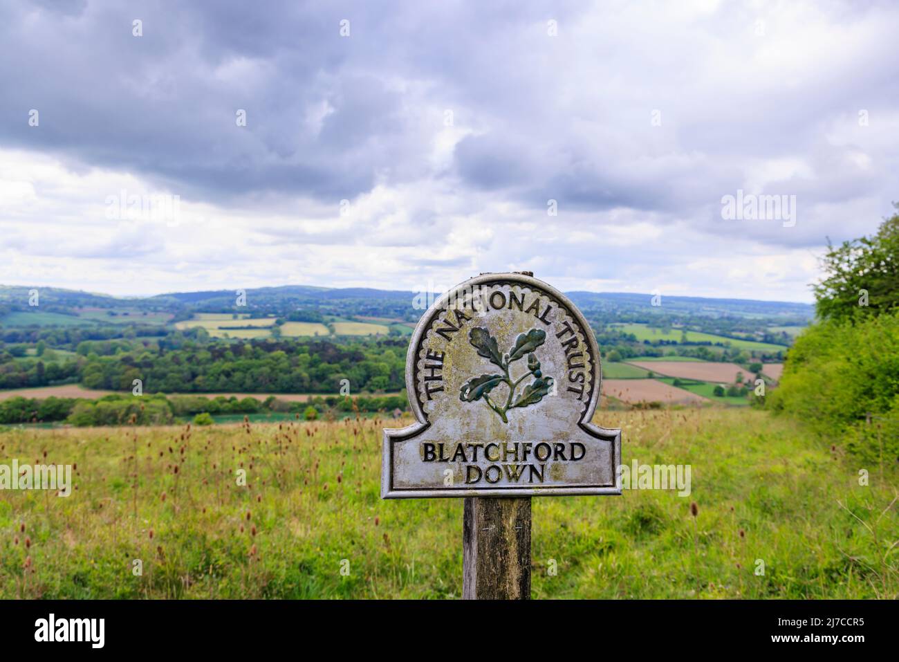 View of National Trust name sign at Blatchford Down on the North Downs ...