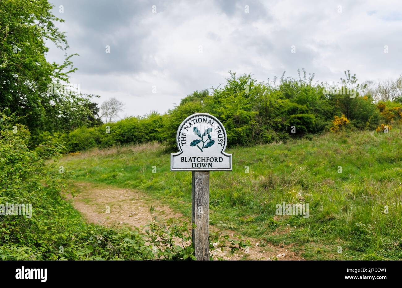 View of National Trust name sign at Blatchford Down on the North Downs ...