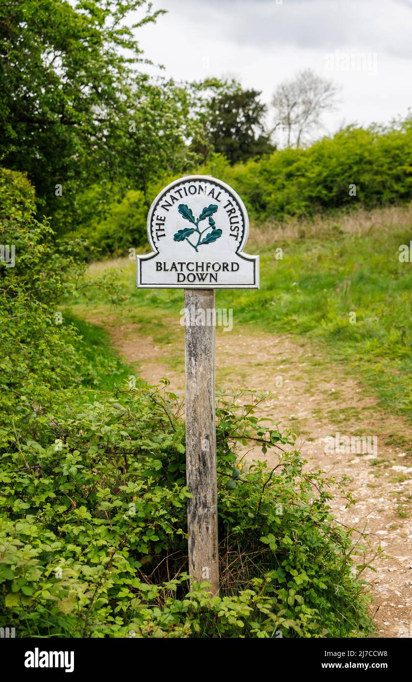 View of National Trust name sign at Blatchford Down on the North Downs ...