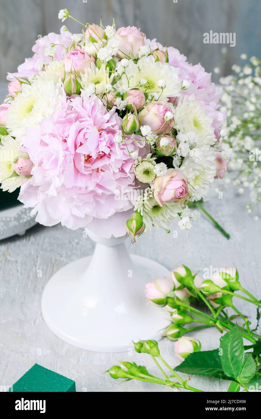 Florist workplace: how to make wedding floral arrangement with peonies ...