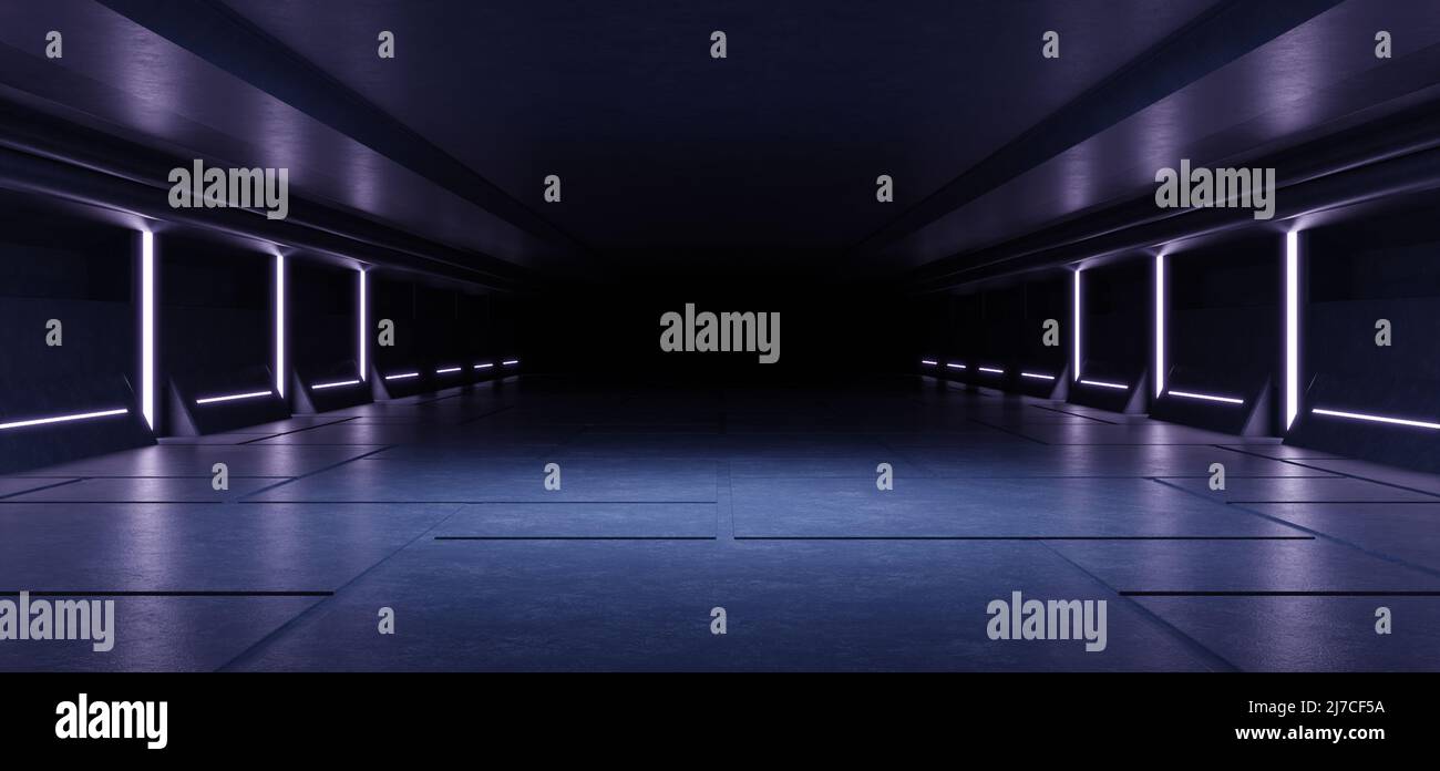 Sci Fi futuristic studio stage dark room in space station with glowing ...