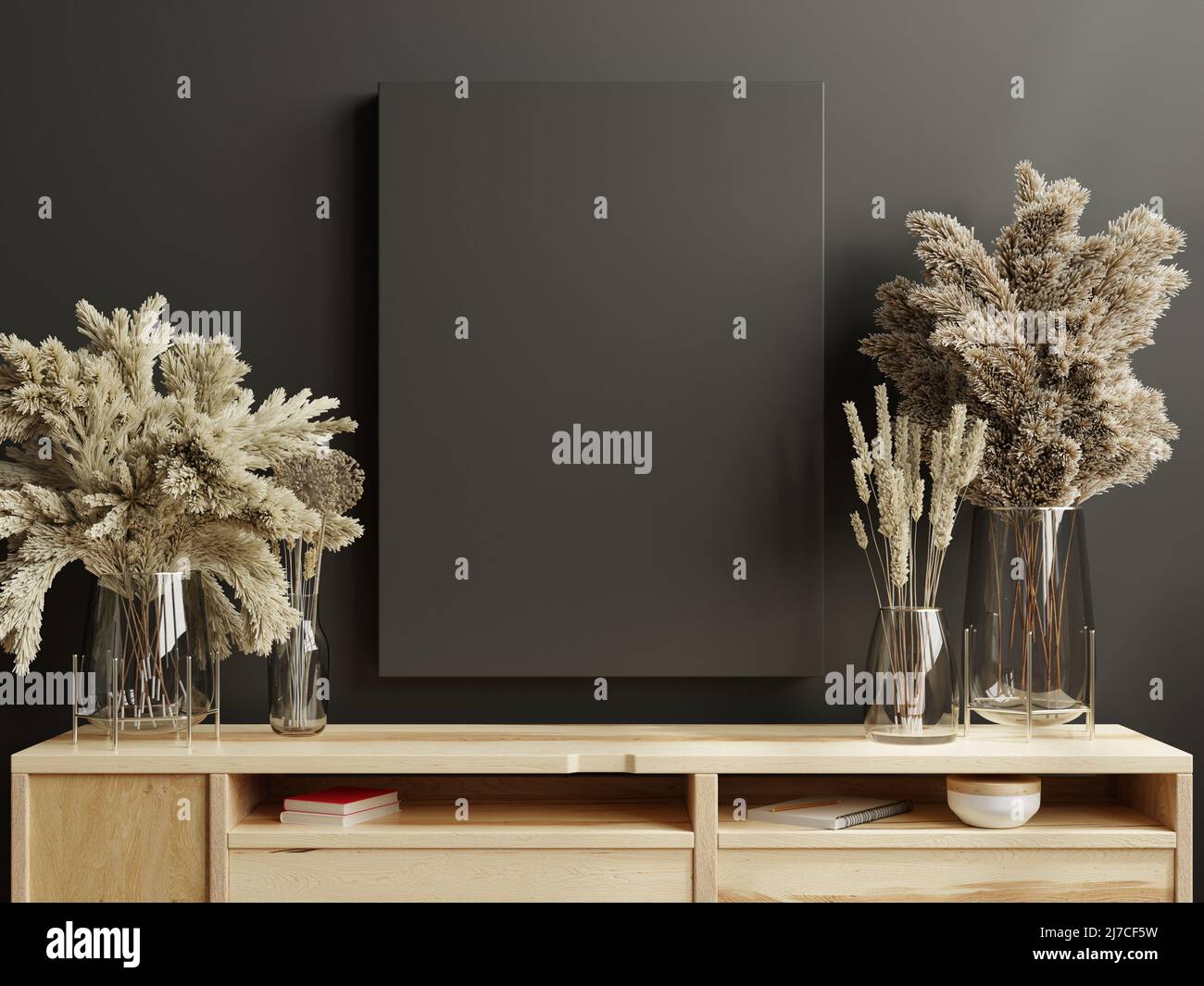 Mockup poster frame on cabinet in living room interior on empty dark ...