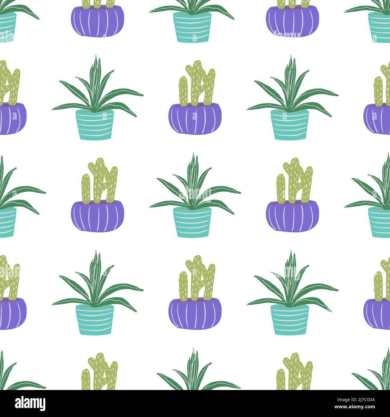 Hand drawn potted plants seamless pattern. Cactuses and succulents flat ...