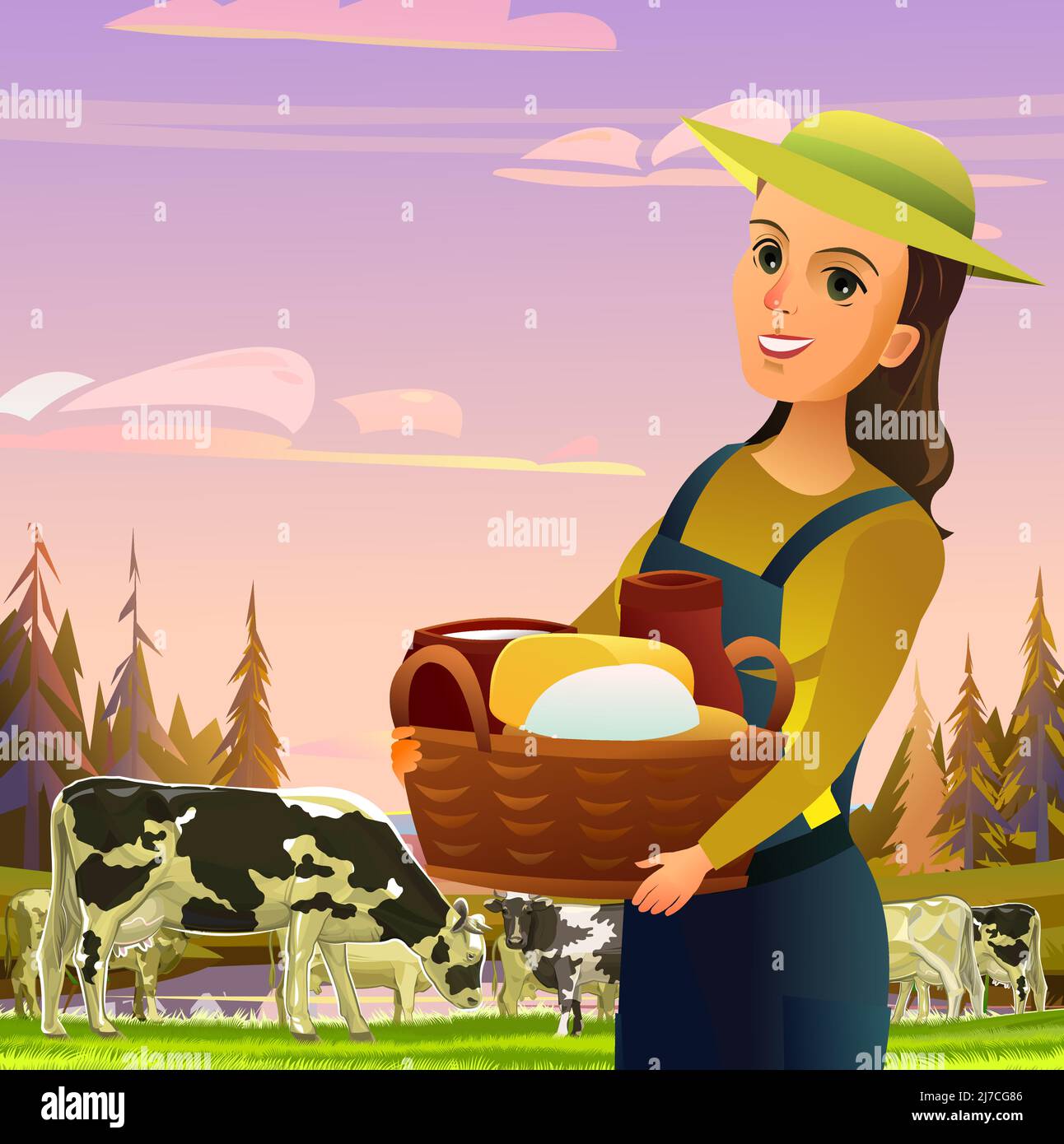 Girl farmer with basket. Cows are grazing. Rural landscape hills. Green ...
