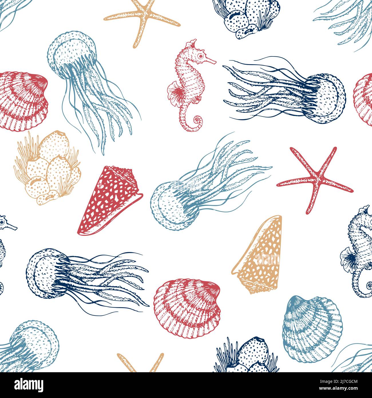 Sea Animals Sketched Seamless Pattern. Marine Life Creatures Hand drawn ...