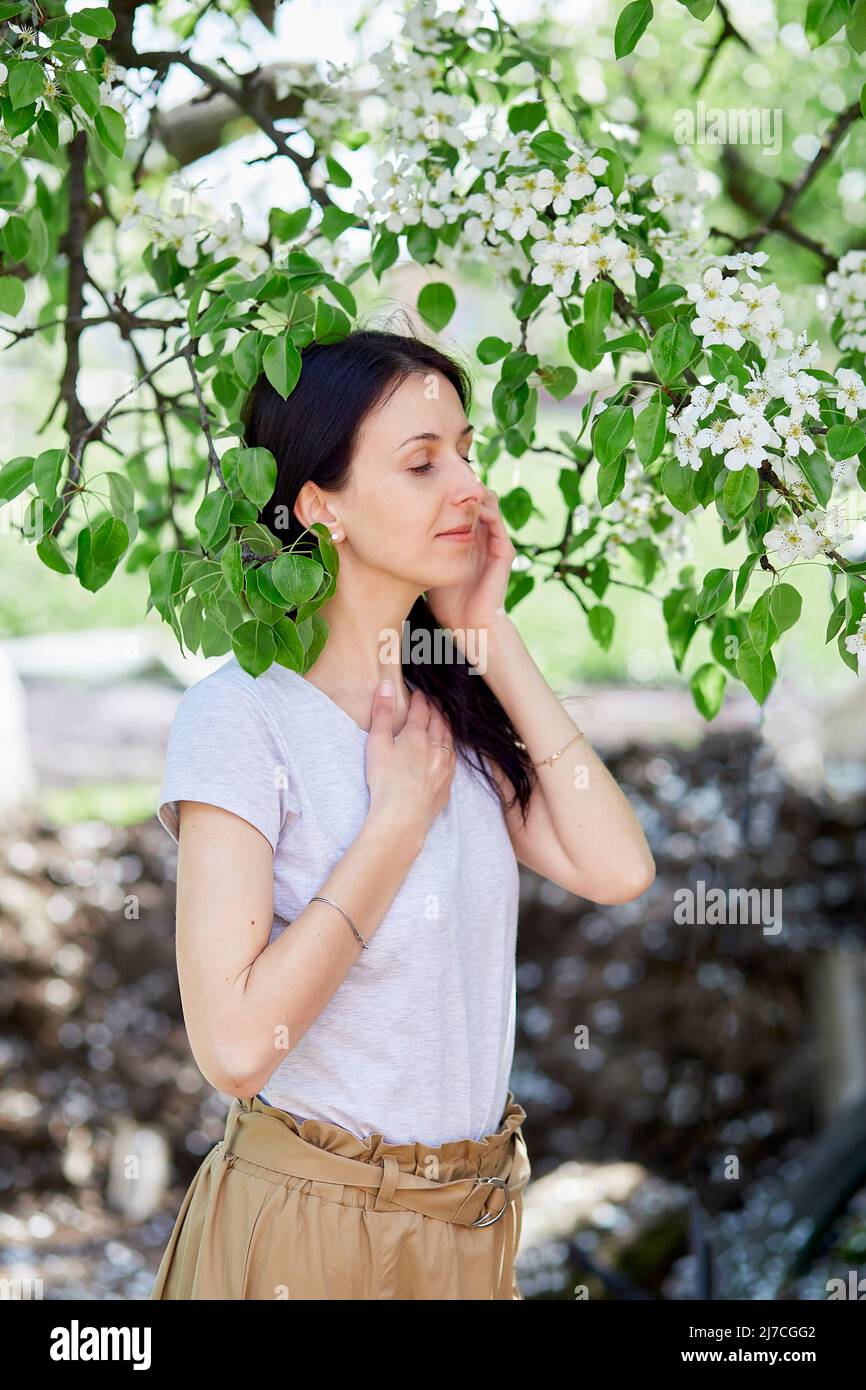 Aesthetic girl practicing spiritual breathwork, meditation outside ...