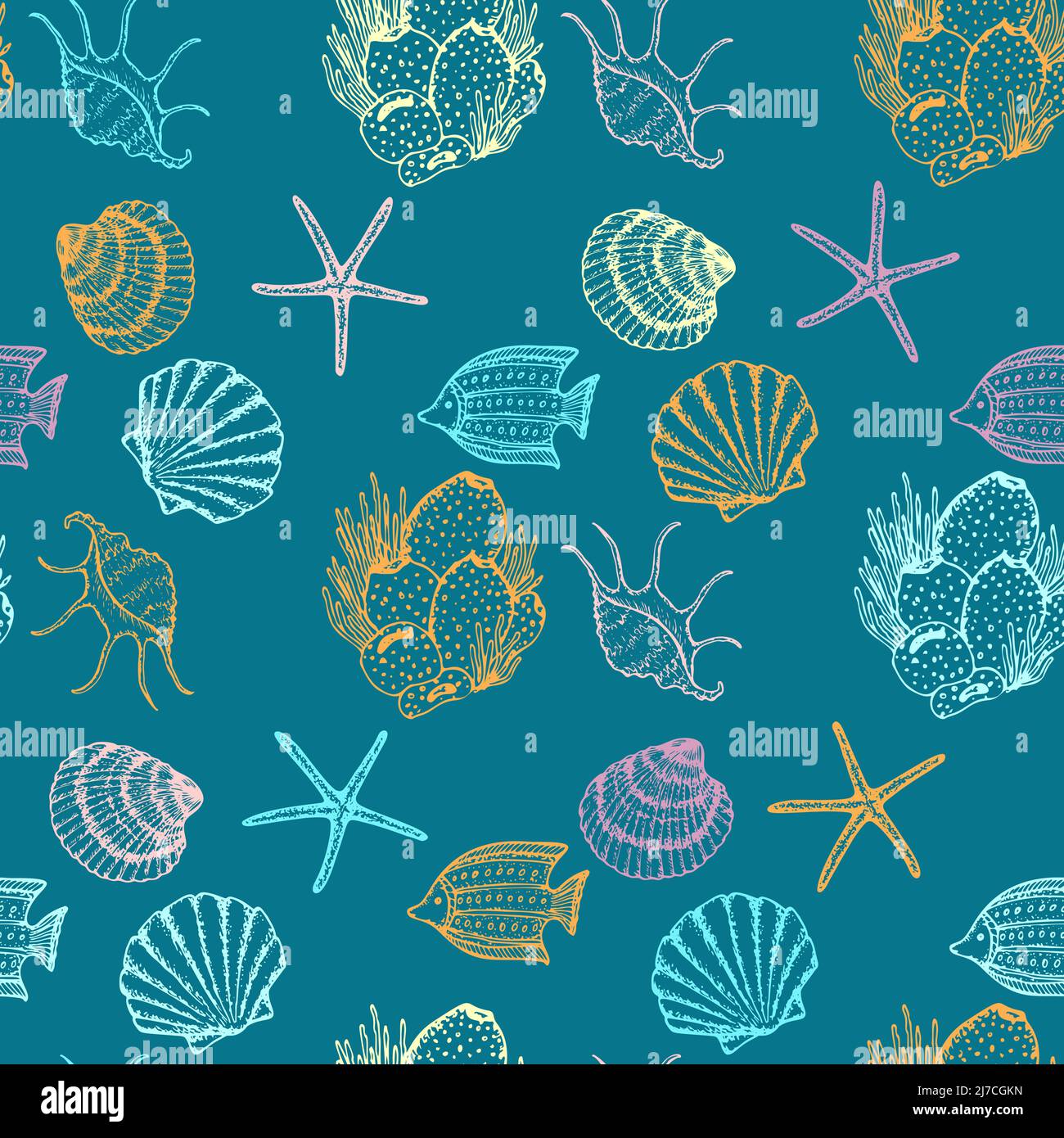 Sea Animals Sketched Seamless Pattern. Marine Life Creatures Hand drawn ...