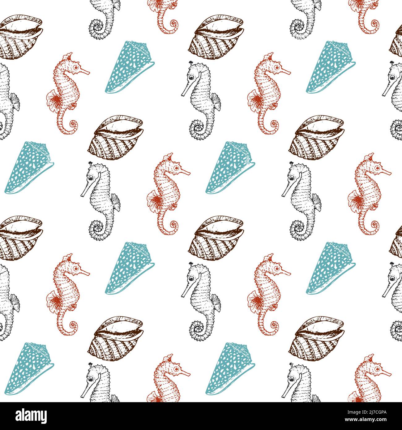 Sea Animals Sketched Seamless Pattern. Marine Life Creatures Hand drawn ...