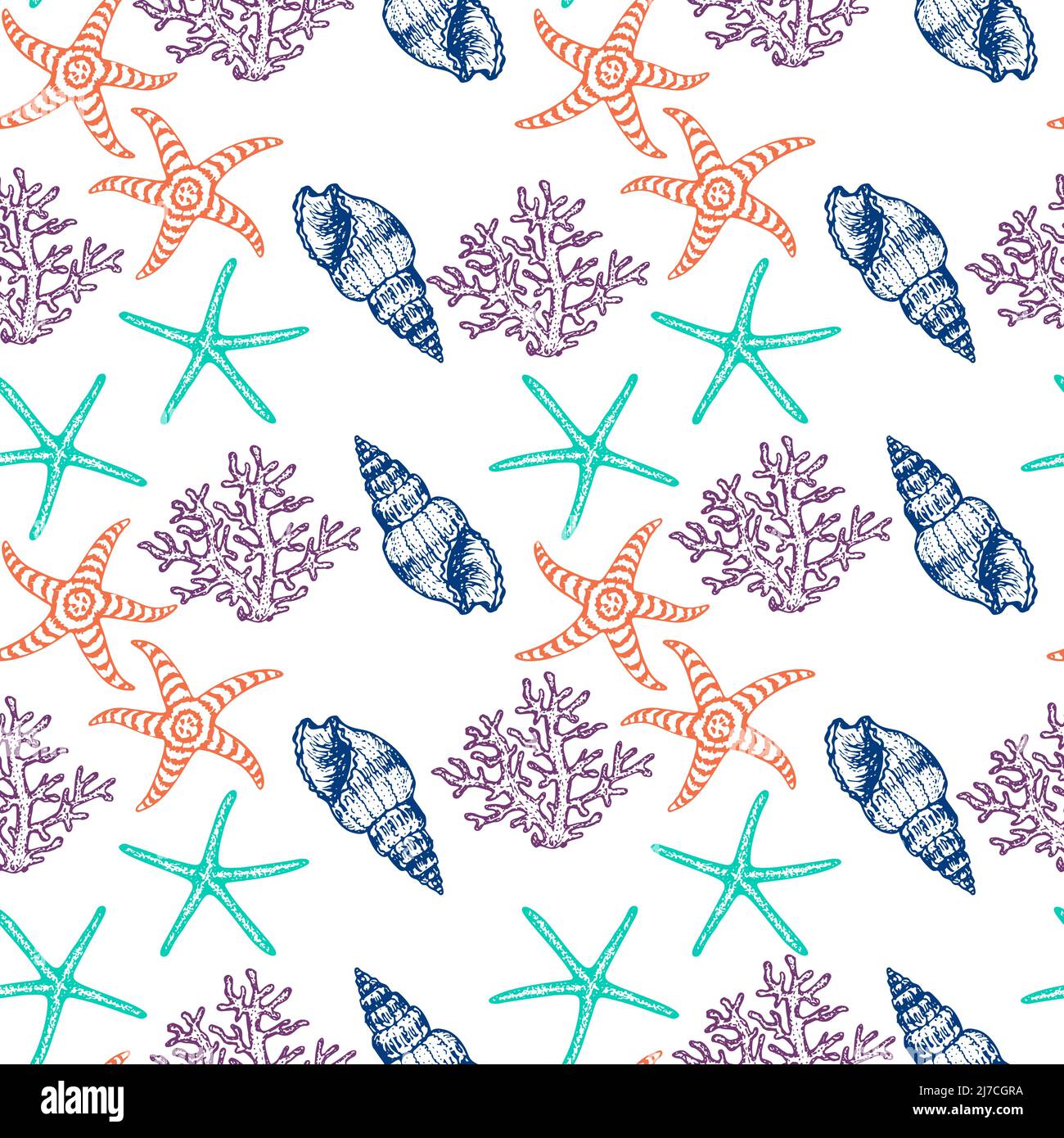 Sea Animals Sketched Seamless Pattern. Marine Life Creatures Hand drawn ...