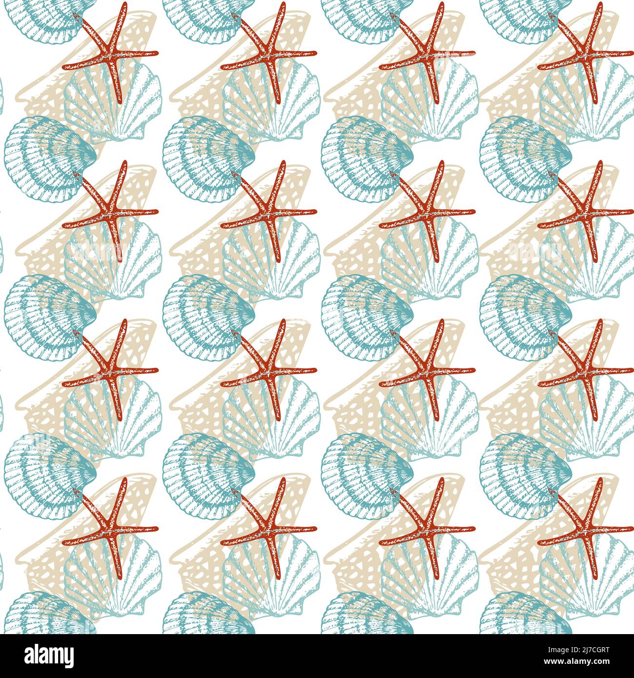 Sea Animals Sketched Seamless Pattern. Marine Life Creatures Hand drawn ...