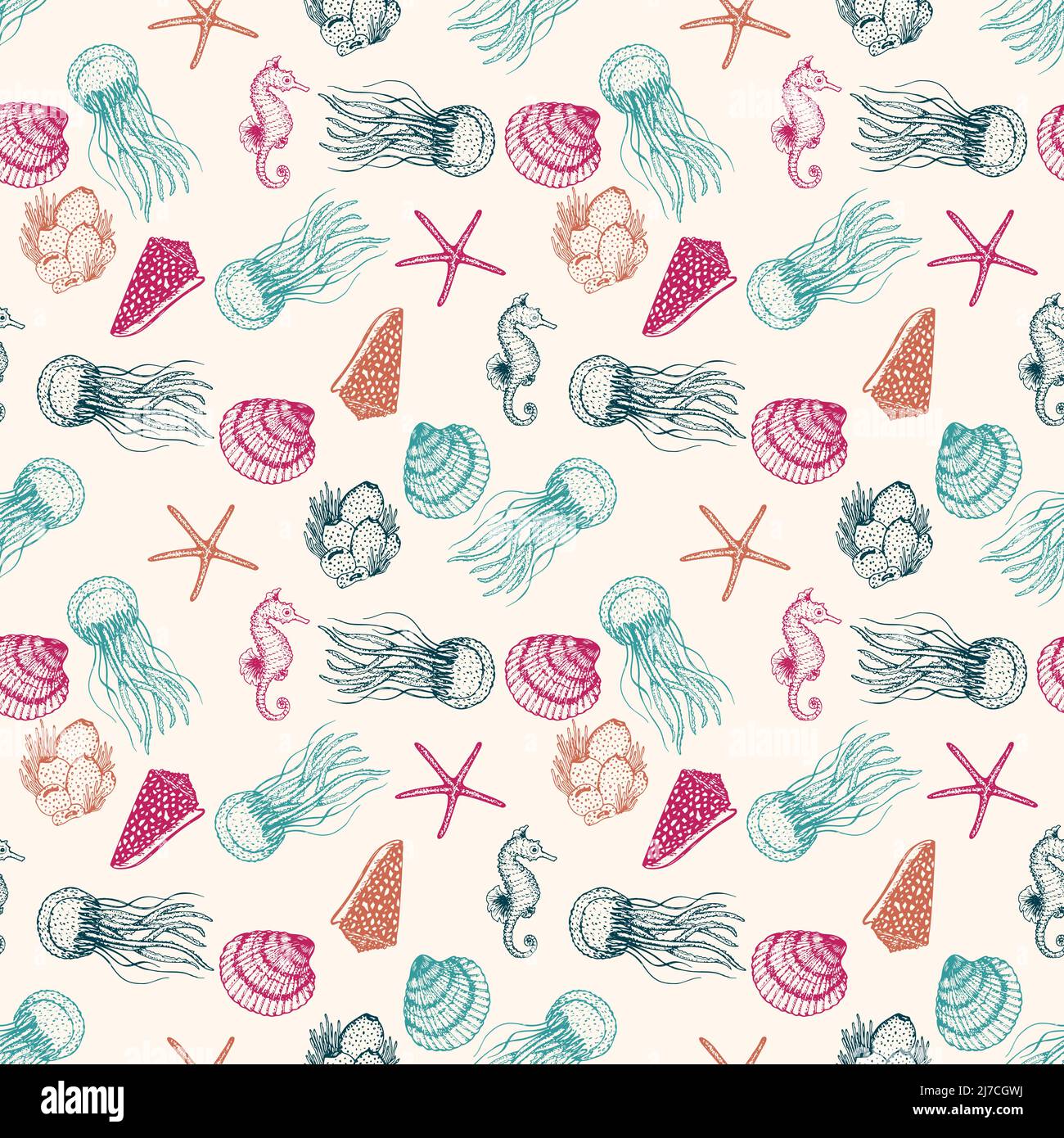 Sea Animals Sketched Seamless Pattern. Marine Life Creatures Hand drawn ...