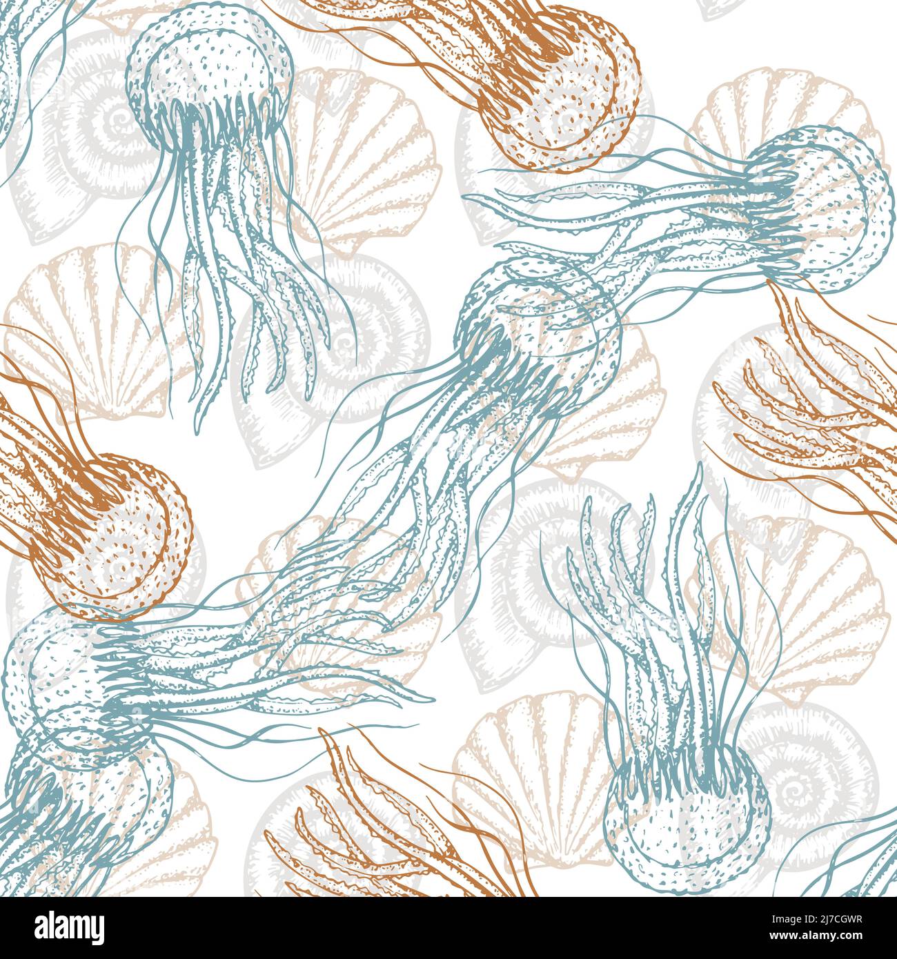 Sea Animals Sketched Seamless Pattern. Marine Life Creatures Hand drawn ...