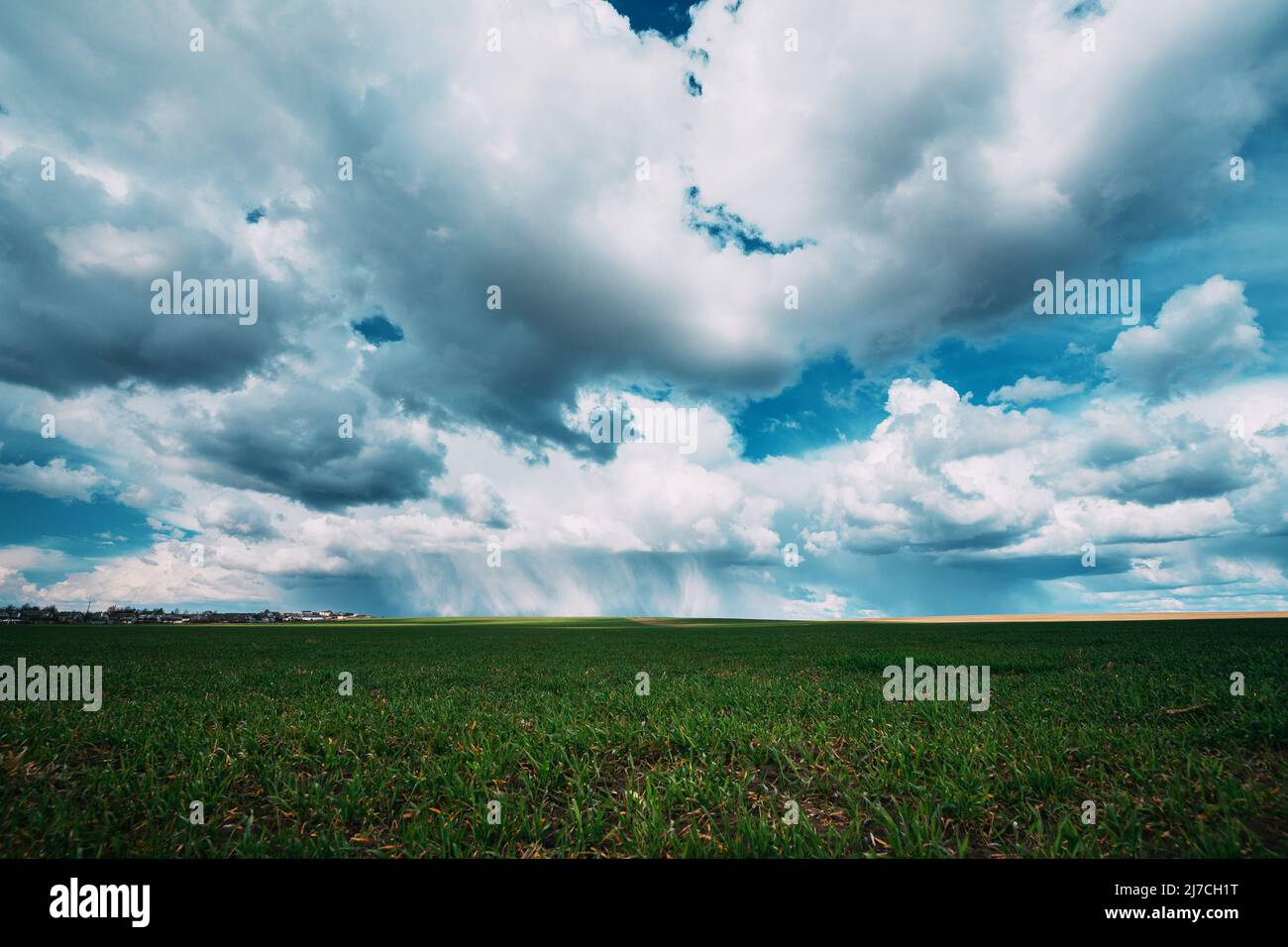 Rain Rainy Clouds Above Countryside Rural Field Landscape With Young ...