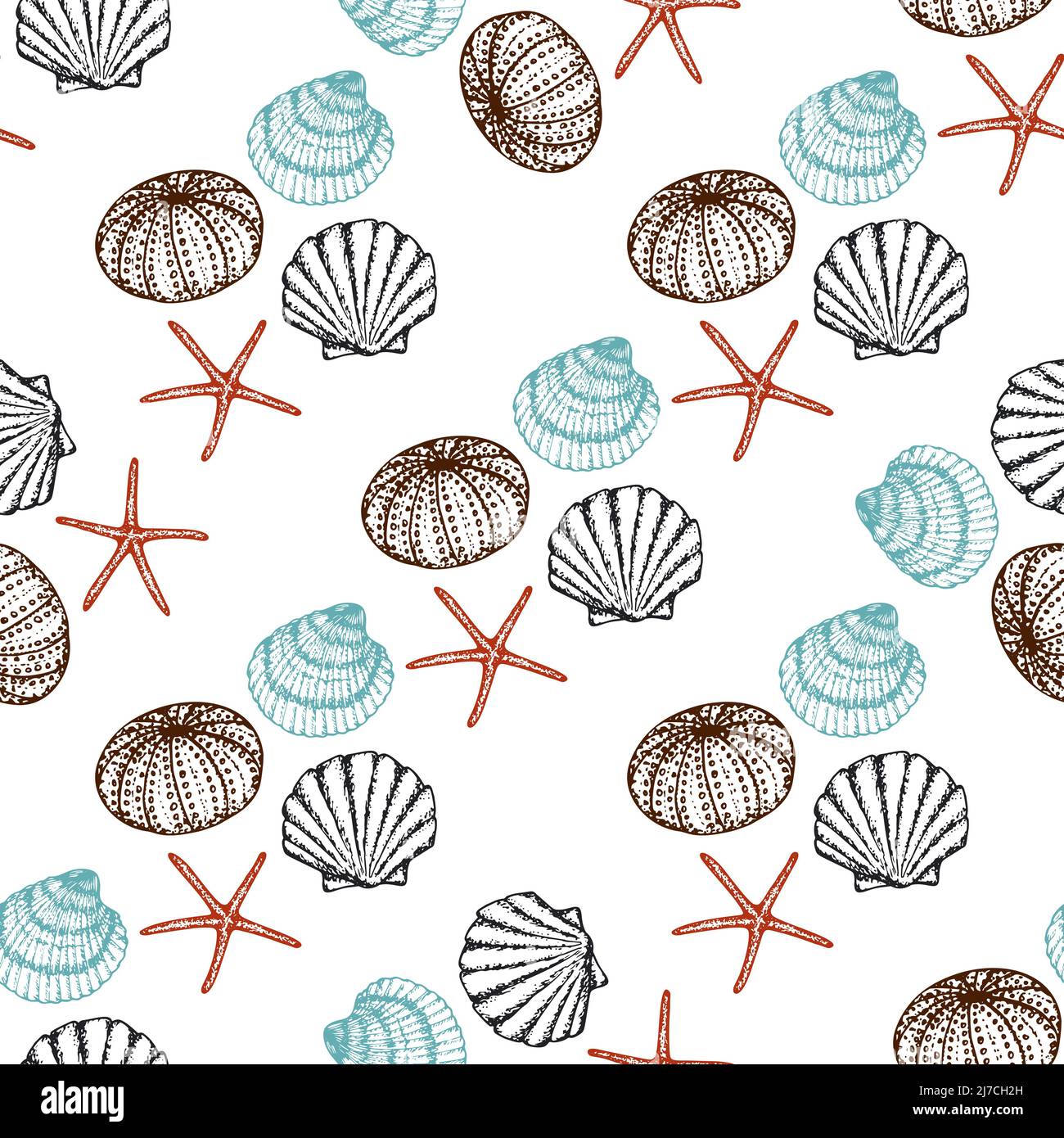 Sea Animals Sketched Seamless Pattern. Marine Life Creatures Hand drawn ...