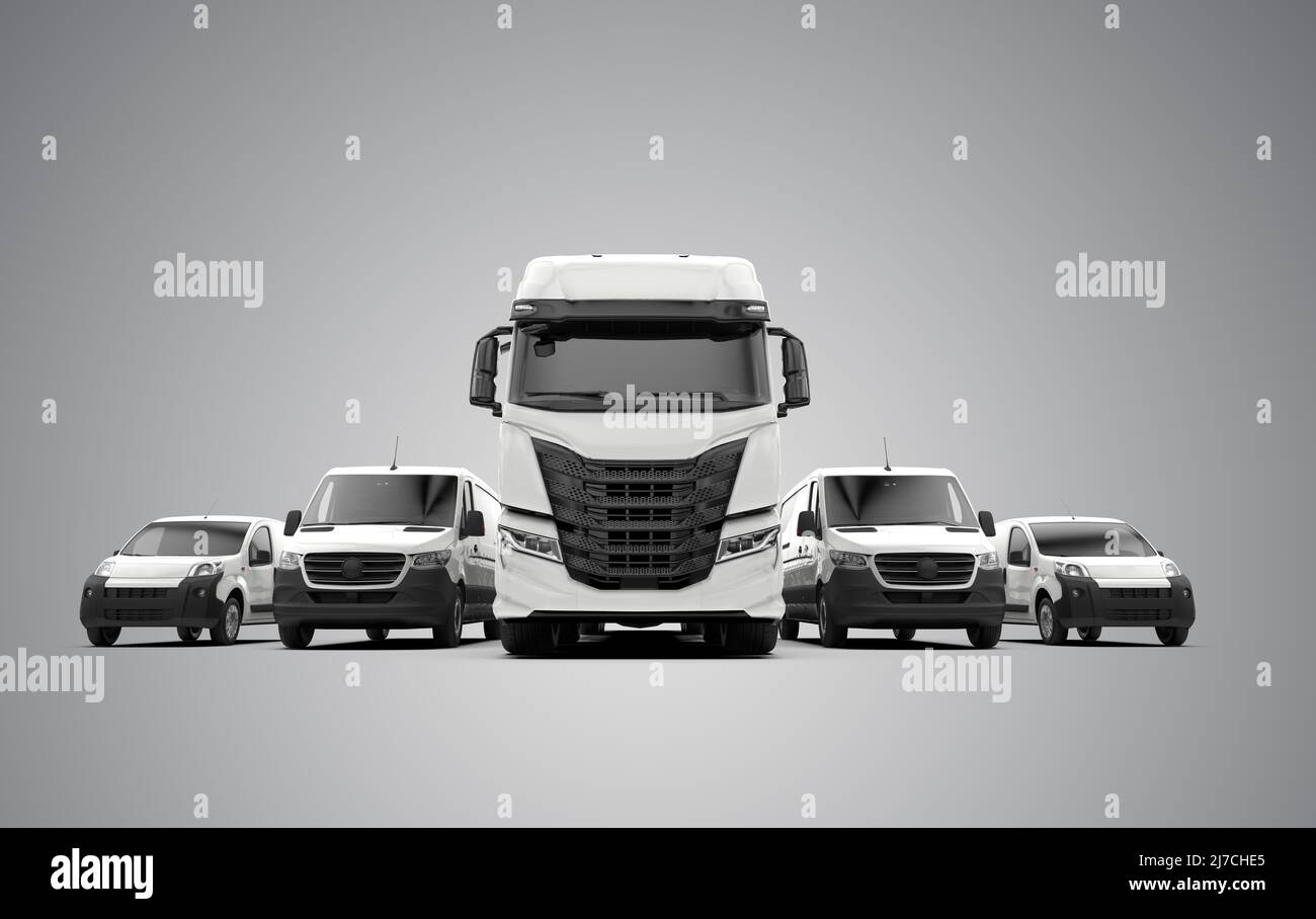 Logistic fleet on a grey background: 3D illustration Stock Photo - Alamy