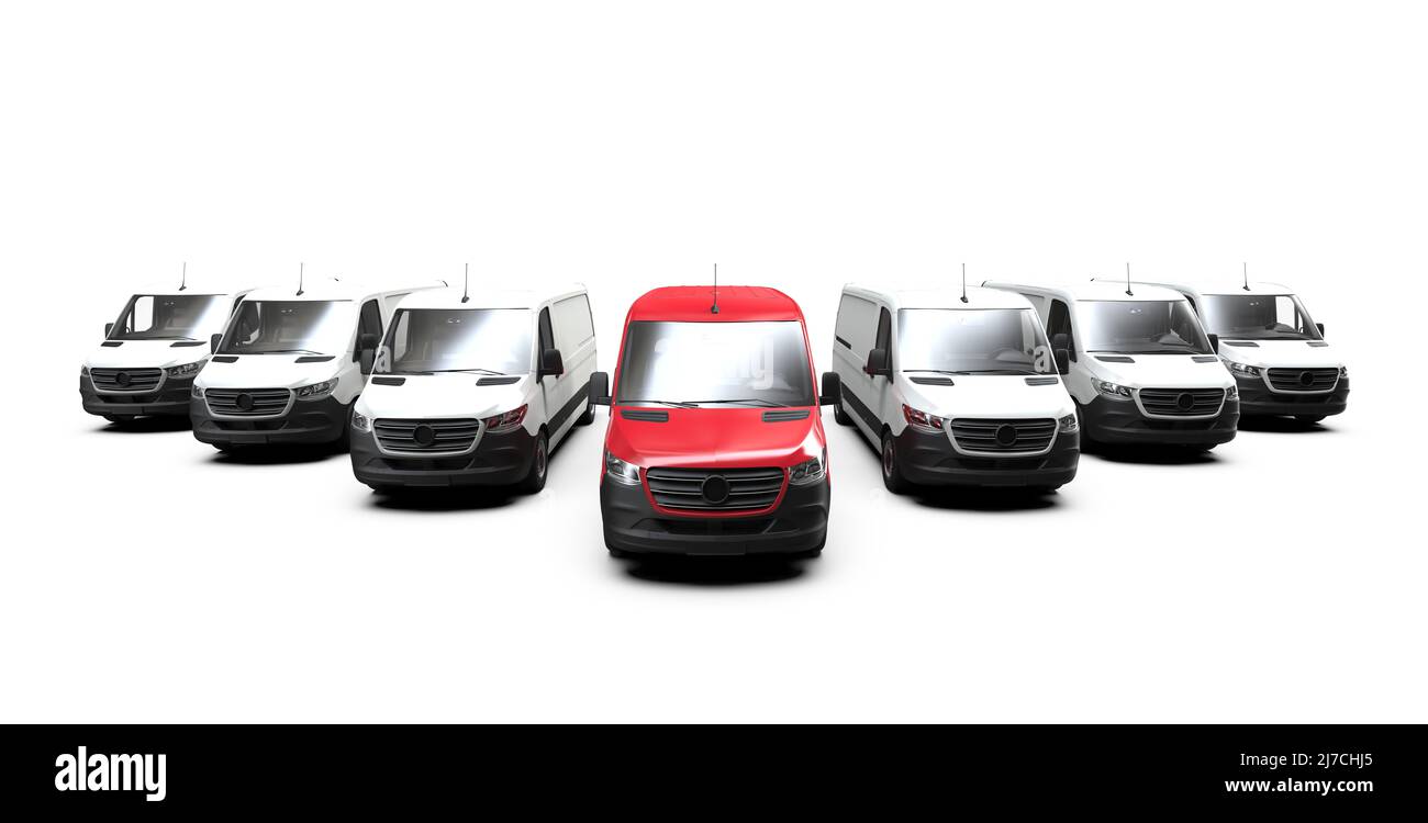Red commercial van and fleet of white trucks, front view: 3D ...