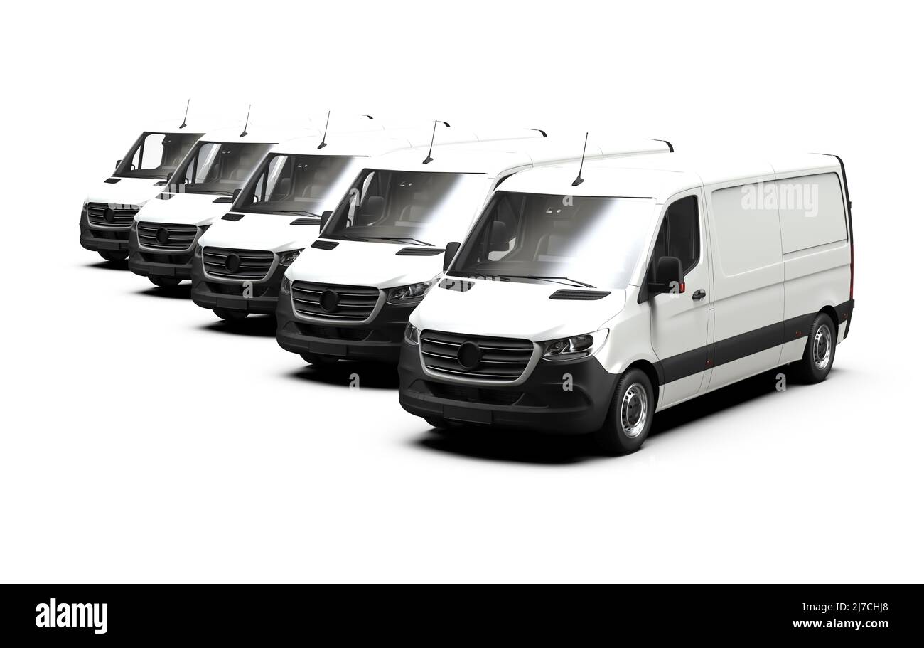 Fleet of white generic and unbranded vans: 3D illustration Stock Photo ...