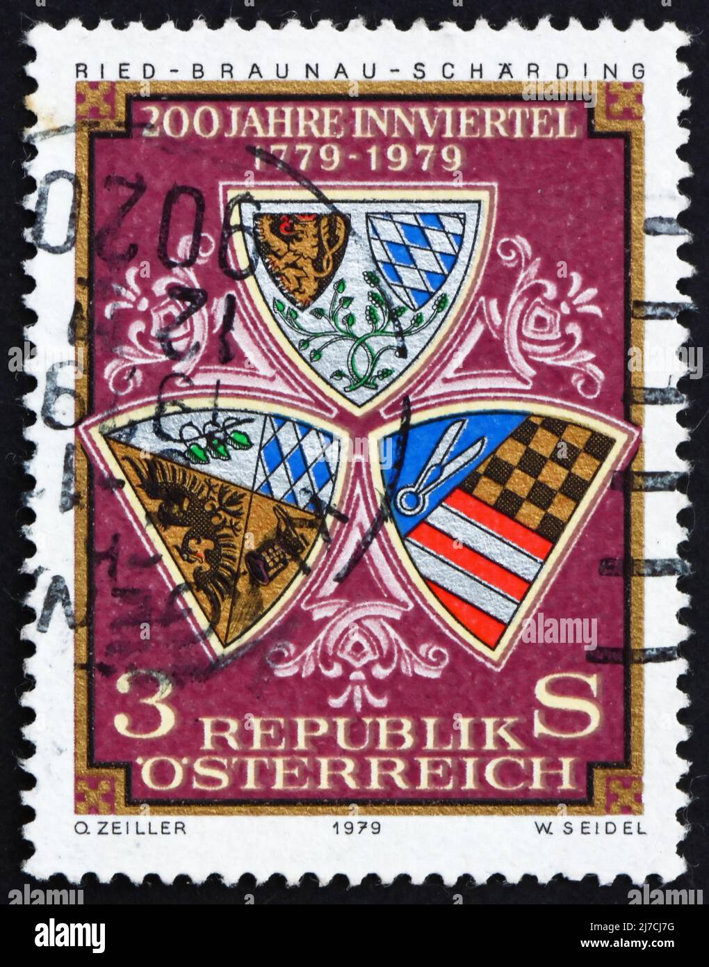 AUSTRIA - CIRCA 1979: a stamp printed in the Austria shows Arms of Ried ...