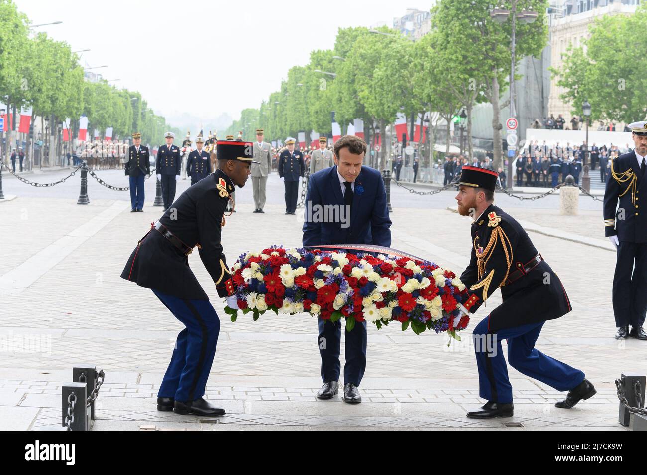 Paris, France, May 8, 2022, Emmanuel Macron lays a wreath of flowers on ...