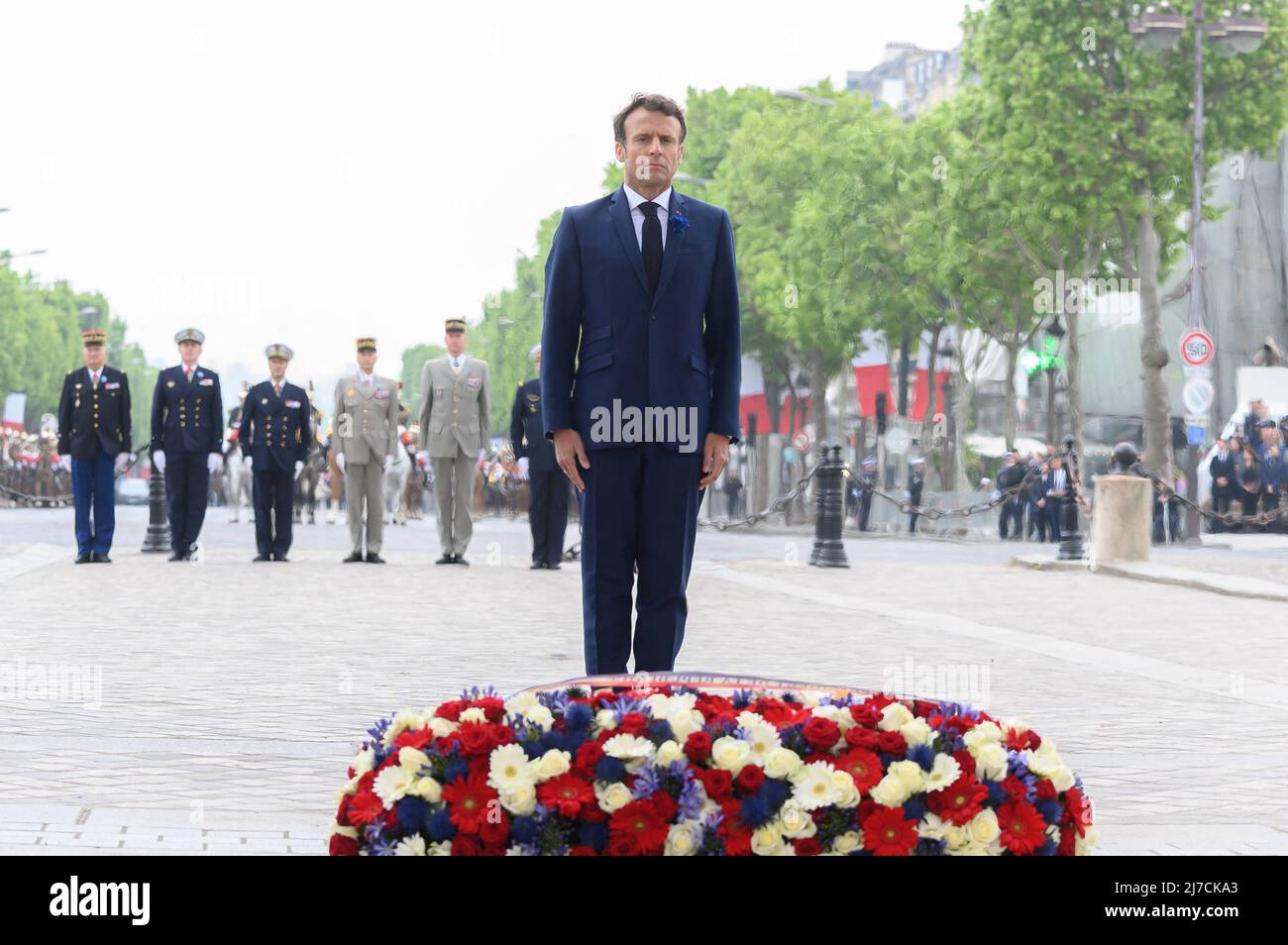 Paris, France, May 8, 2022, Emmanuel Macron in front of a wreath of ...