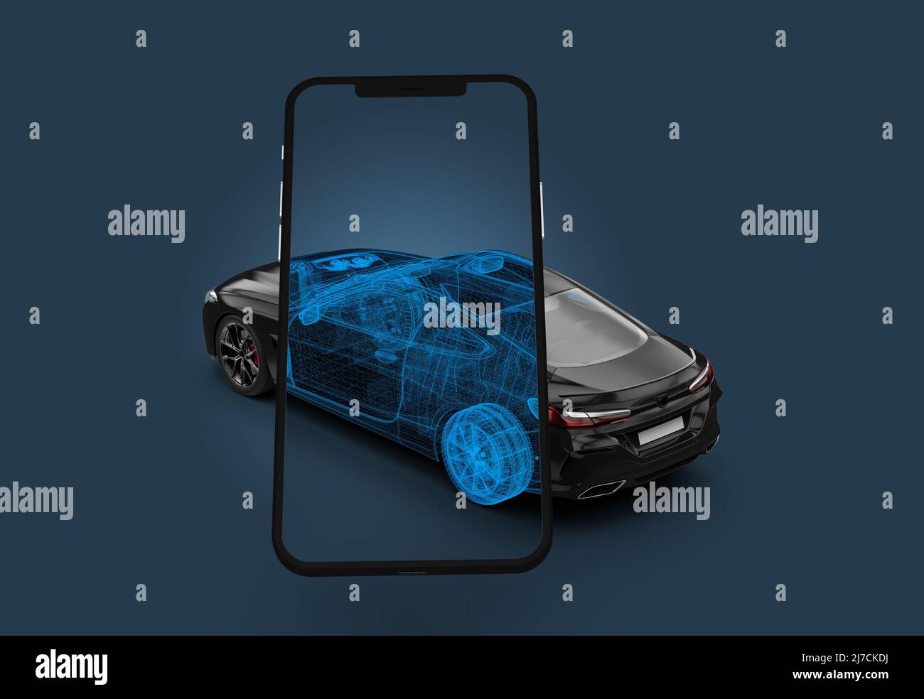 Smartphone scanning black car showing wireframe. 3D Illustration Stock ...