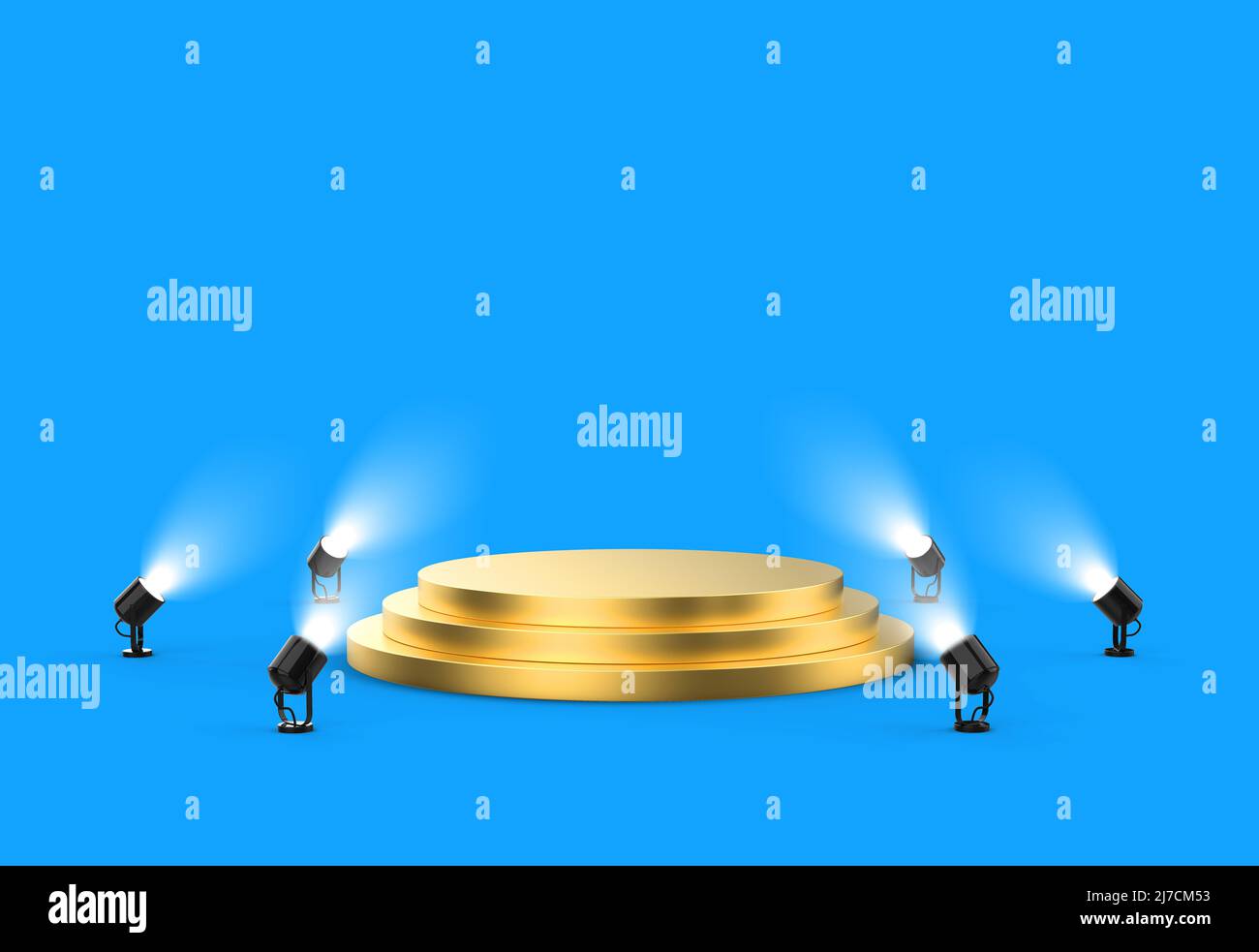 Golden podium on a blue background with spotlights. 3d illustration ...