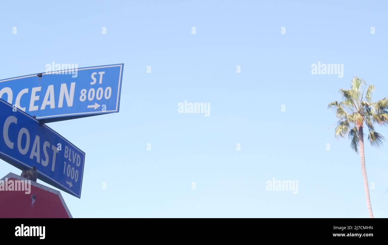 Ocean street road sign on crossroad, California city, USA. Waterfront ...