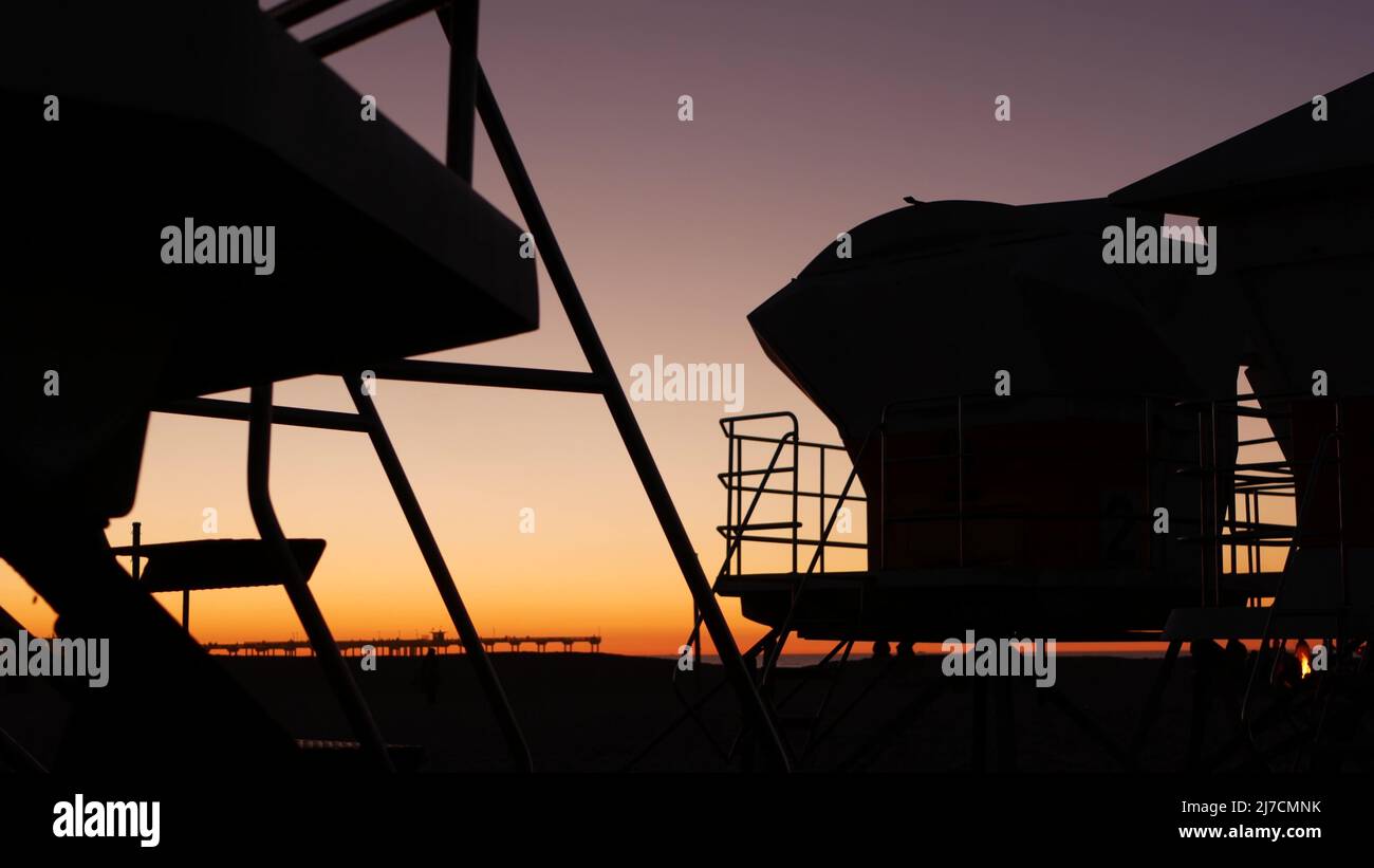 Lifeguard stand, hut or house on ocean beach after sunset, California ...