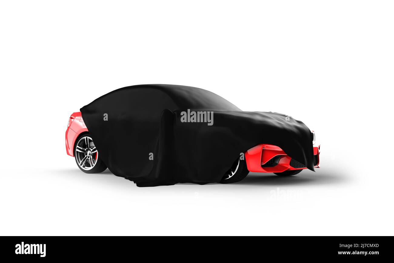 New car hidden under black cover on white background: 3D illustration ...