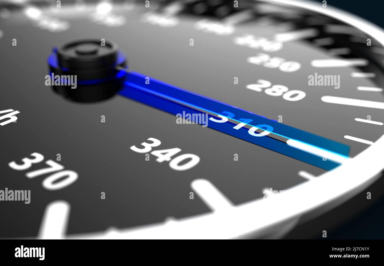 Close up of a car speedometer with the needle pointing a high speed. 3D ...