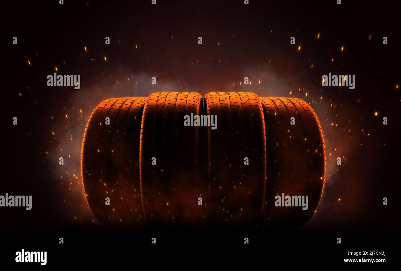 Car tires with fire and smoke: 3D illustration Stock Photo - Alamy