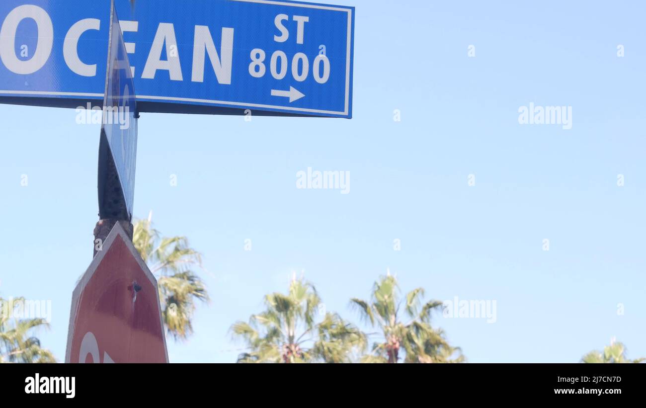 Ocean street road sign on crossroad, California city, USA. Waterfront ...