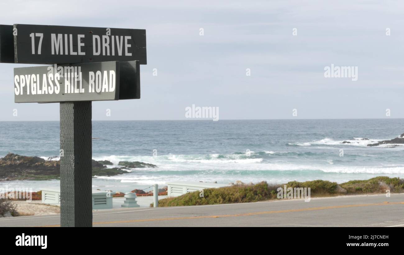 Scenic 17-mile drive wooden road sign, Monterey, California, USA ...