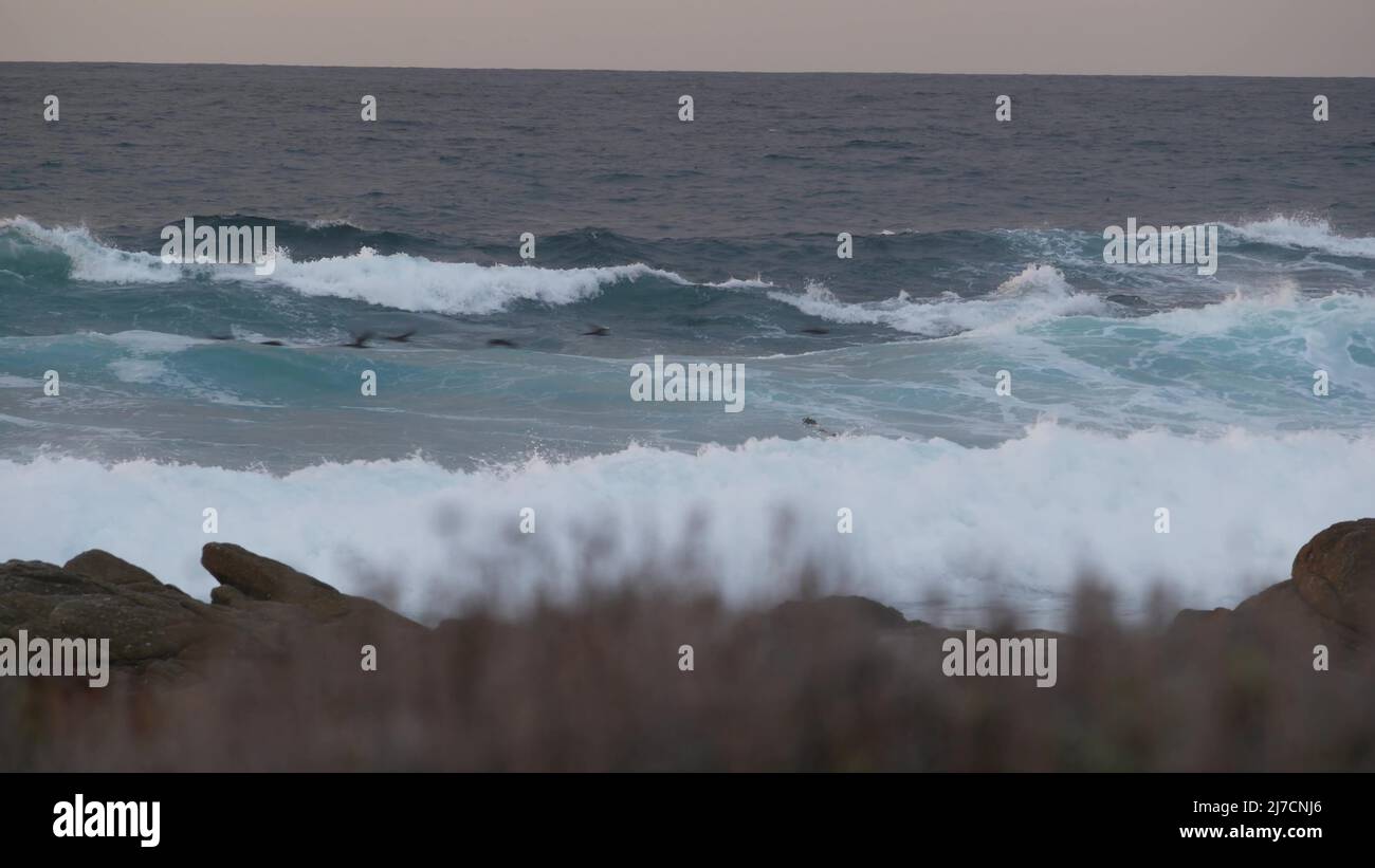 Rocky craggy pacific ocean coast, sea wave crashing on rocks, 17-mile ...