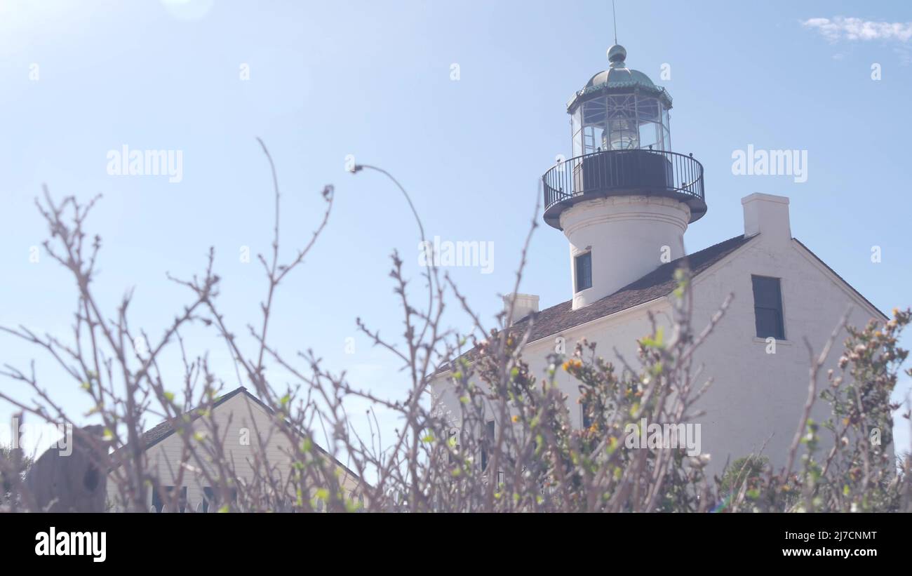 Vintage lighthouse tower, retro light house, old fashioned historic ...