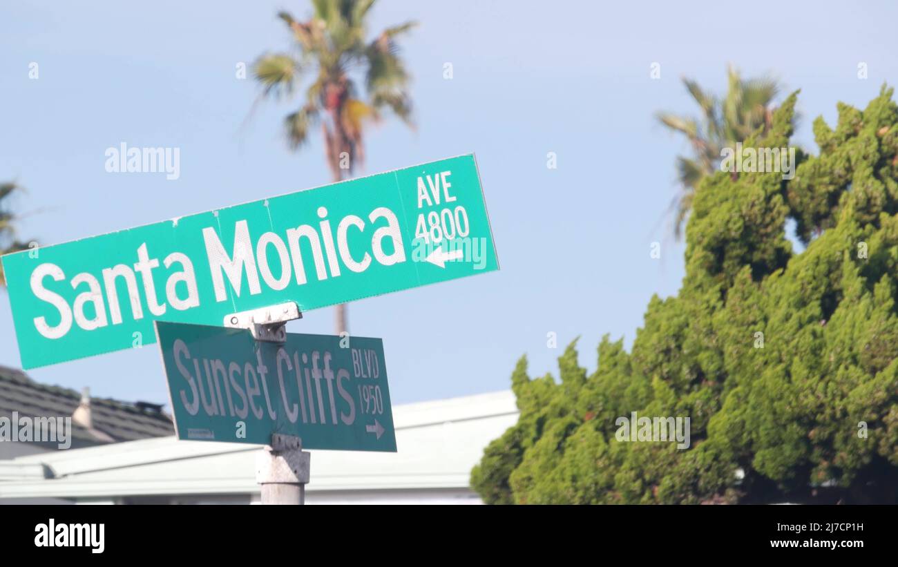 Santa Monica road sign on crossroad, California city street, USA ...