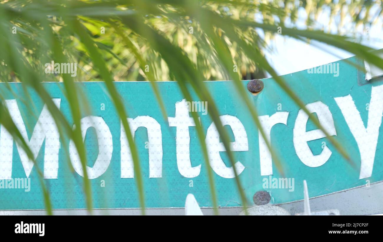 Monterey road sign, California street crossroad, USA. Tourist resort ...