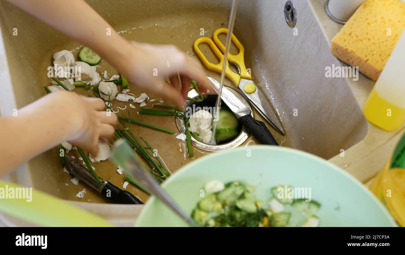 Organic garbage in sink with built-in food waste disposer. vegetable or ...