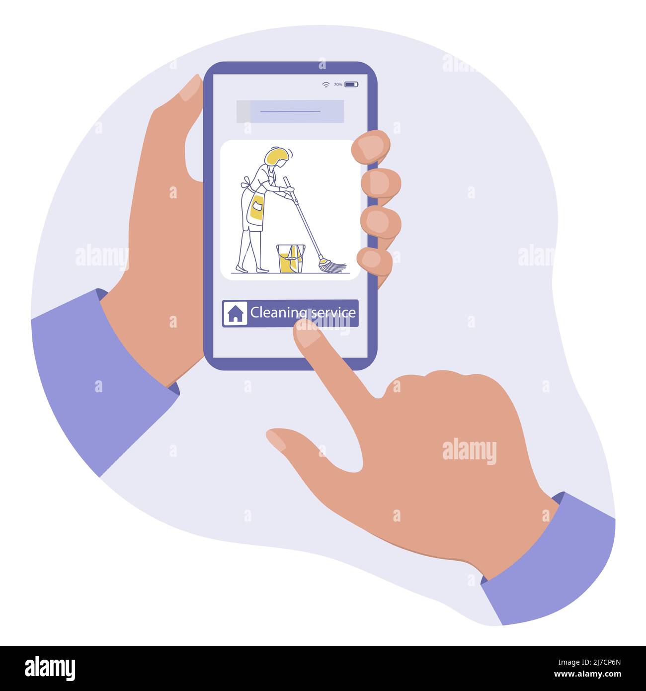 Vector Illustration Cell phone call to cleaning service. Professional ...