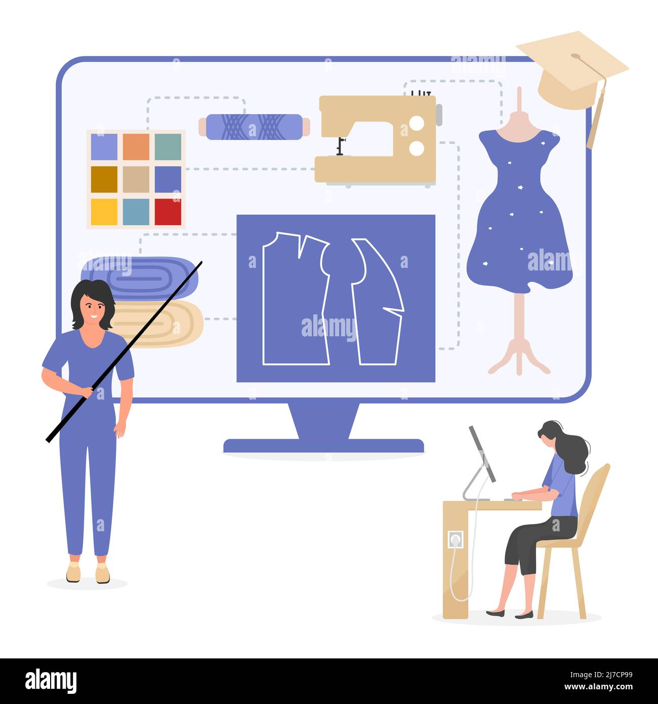 Vector illustration Seamstress teaching people at sewing classes ...