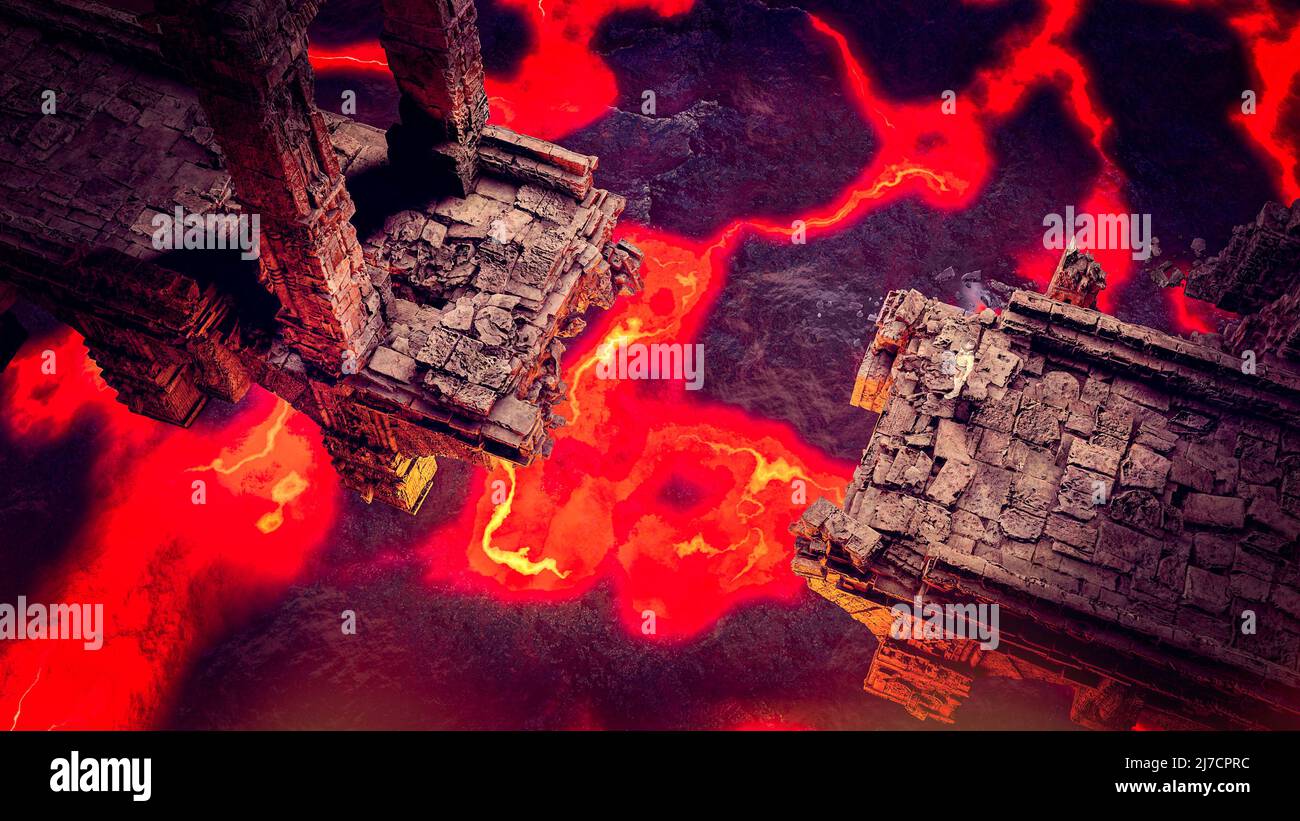 Ancient bridge collapsed over a river of lava. Explorer and ...