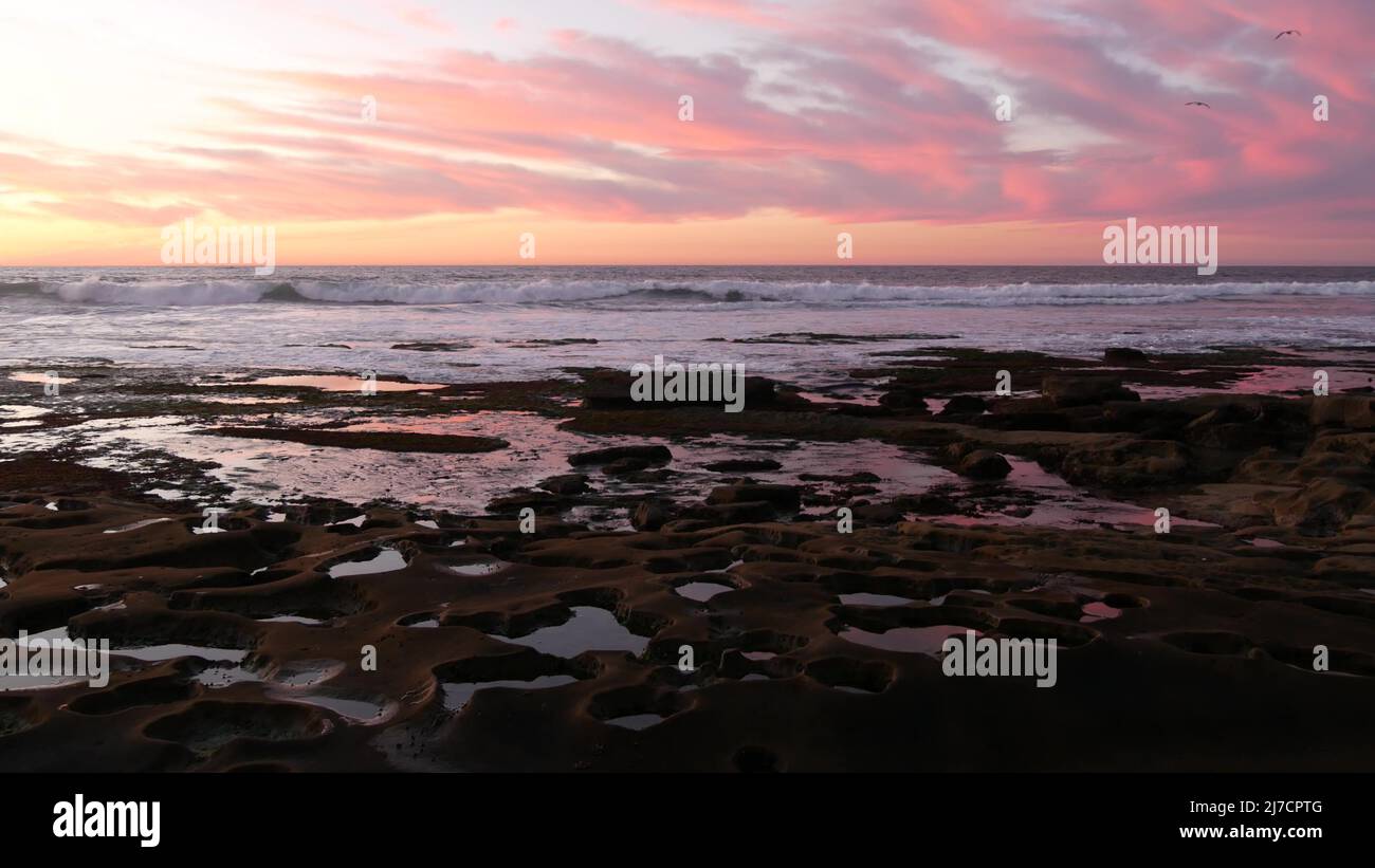Eroded rock formation, tide pool shape in La Jolla, California coast ...