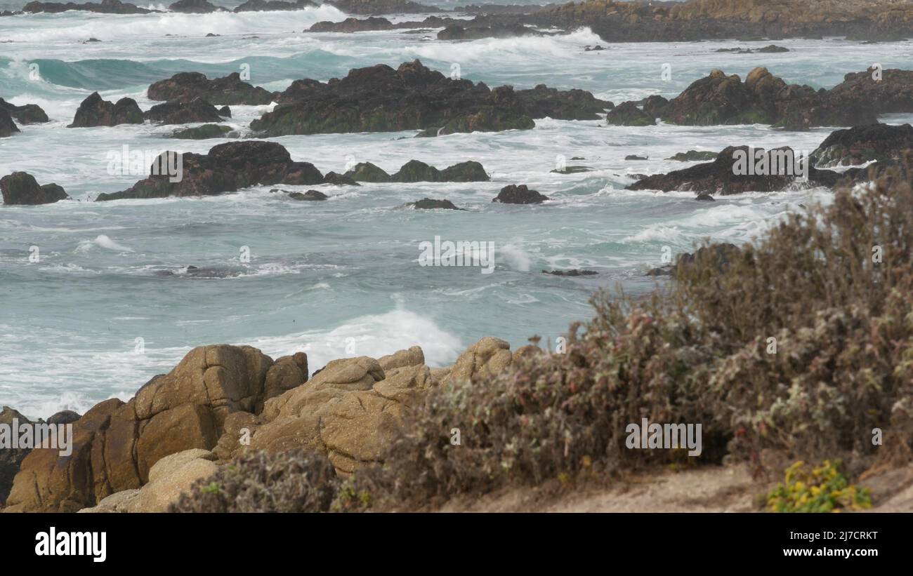 Rocky craggy pacific ocean coast, sea water waves crashing on rocks, 17 ...