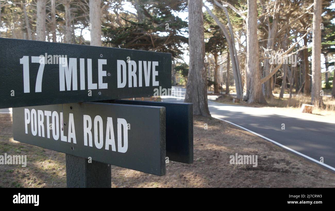 Scenic 17-mile drive wooden road sign, Monterey peninsula, Big Sur ...