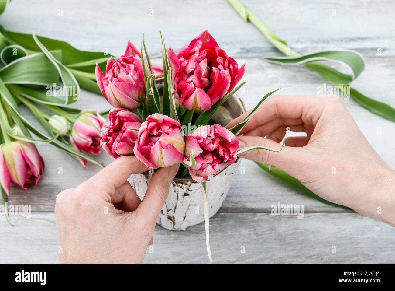 Florist workplace: how to make decoration with pink tulips inside ...