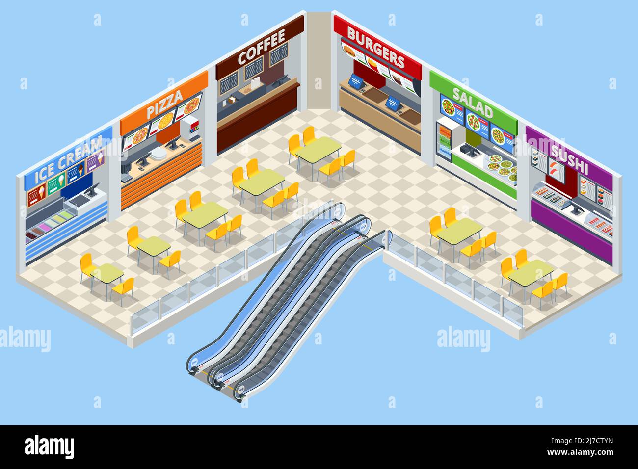 Fast Food Court. Isometric Sushi, Coffee, Ice Cream, Burgers, Salad and ...