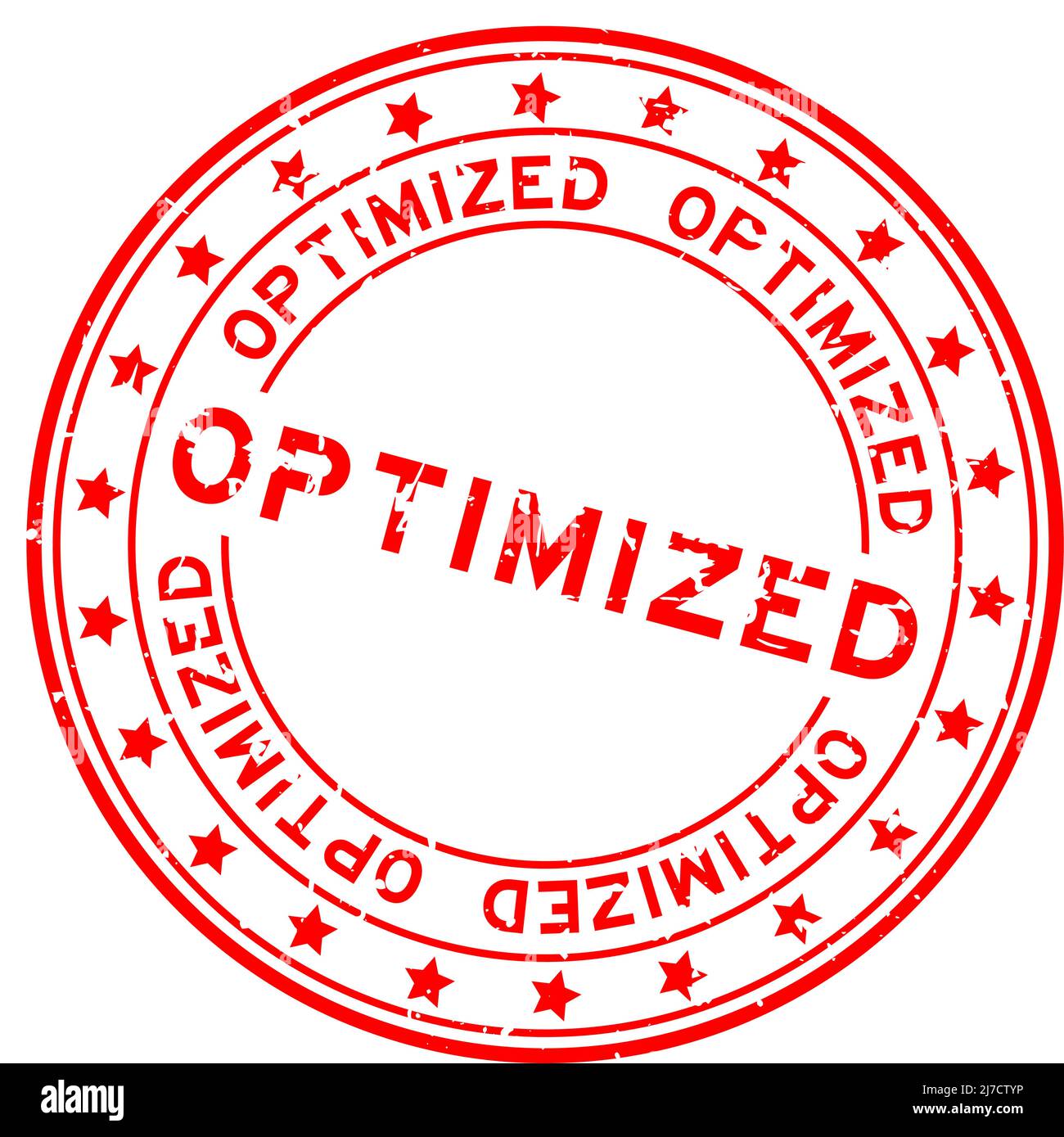 Grunge red optimized word with star icon round rubber seal stamp on white background Stock ...