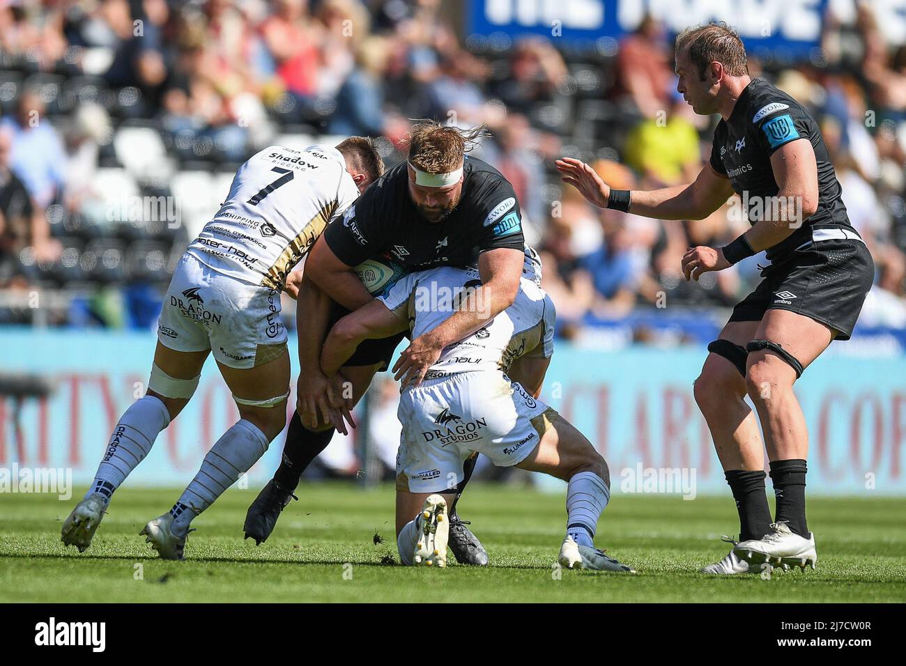 Tomas Francis of Ospreys, on the attack, tackled by Taine Basham, and ...